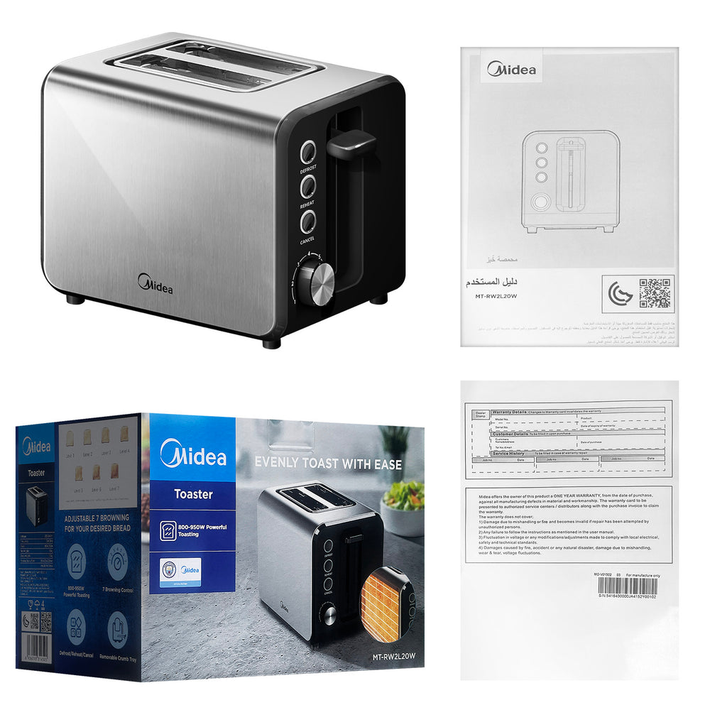 Midea (MT-RW2L20W) 2-Slot 800-950W Toaster, Black/Silver– Asters Maldives