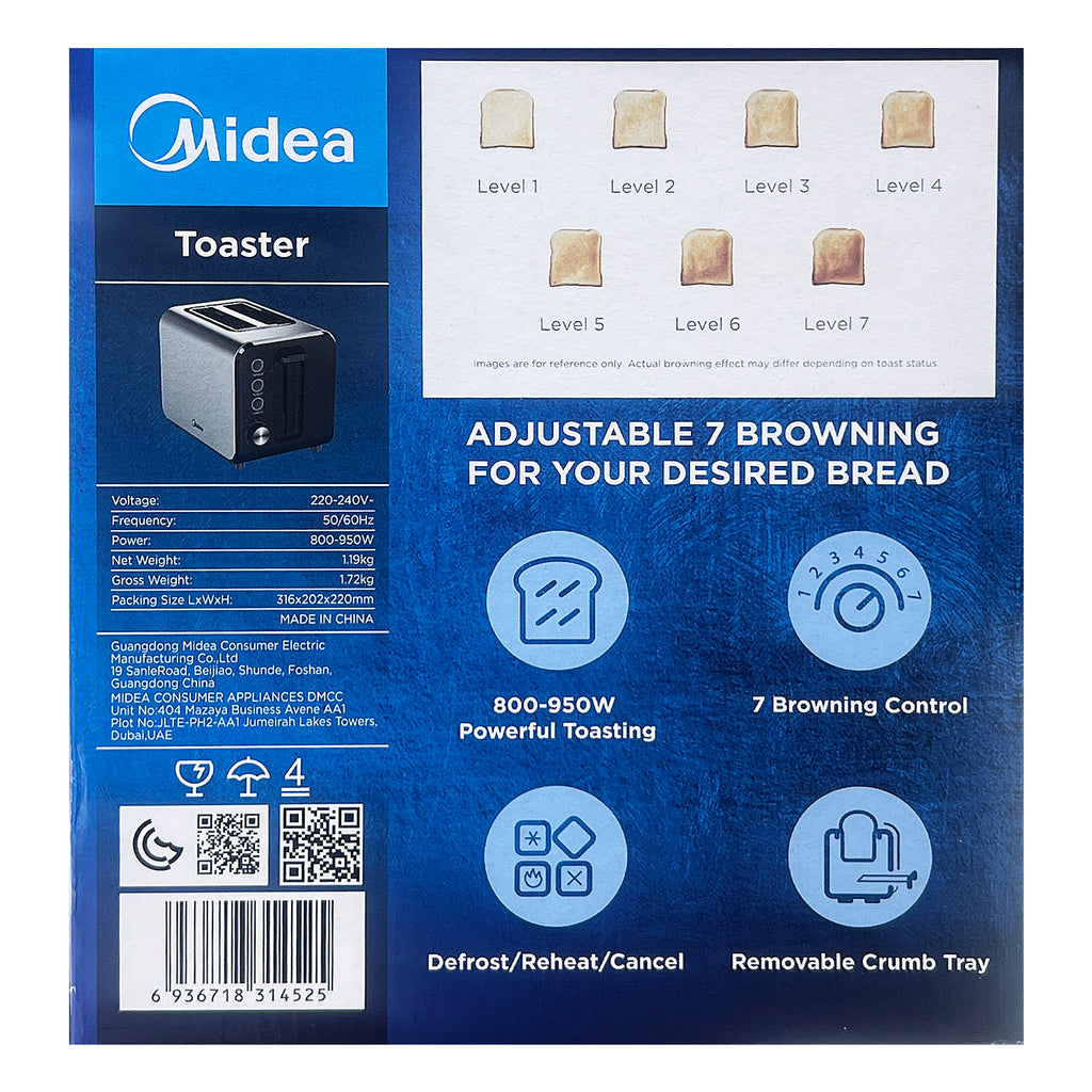 Midea (MT-RW2L20W) 2-Slot 800-950W Toaster, Black/Silver– Asters Maldives