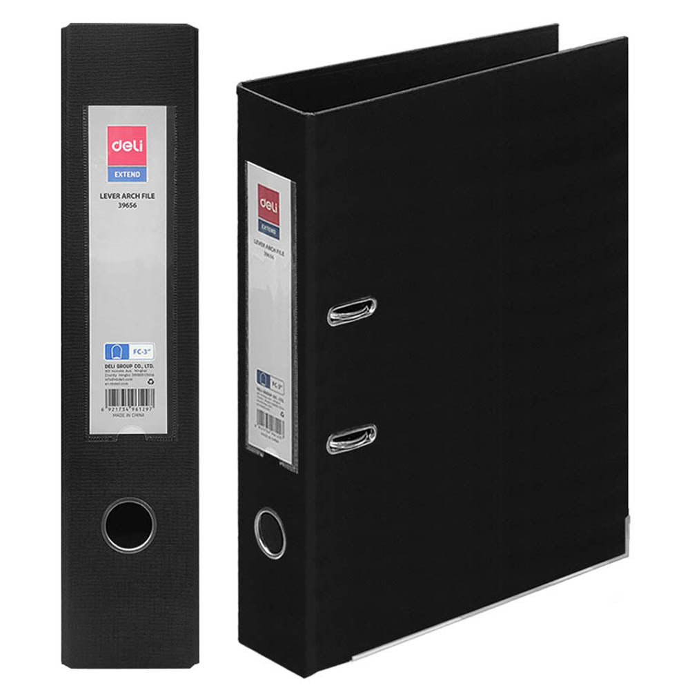 Deli (No: 39656) FC 3-inch PP Plastic Lever Arch File, Black– Asters ...